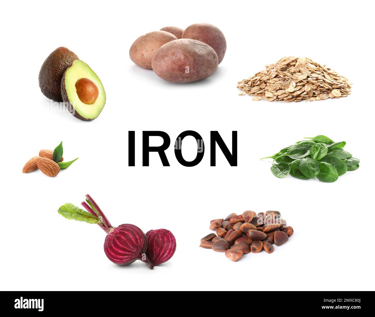 Set with fresh products rich in iron on white background Stock Photo ...