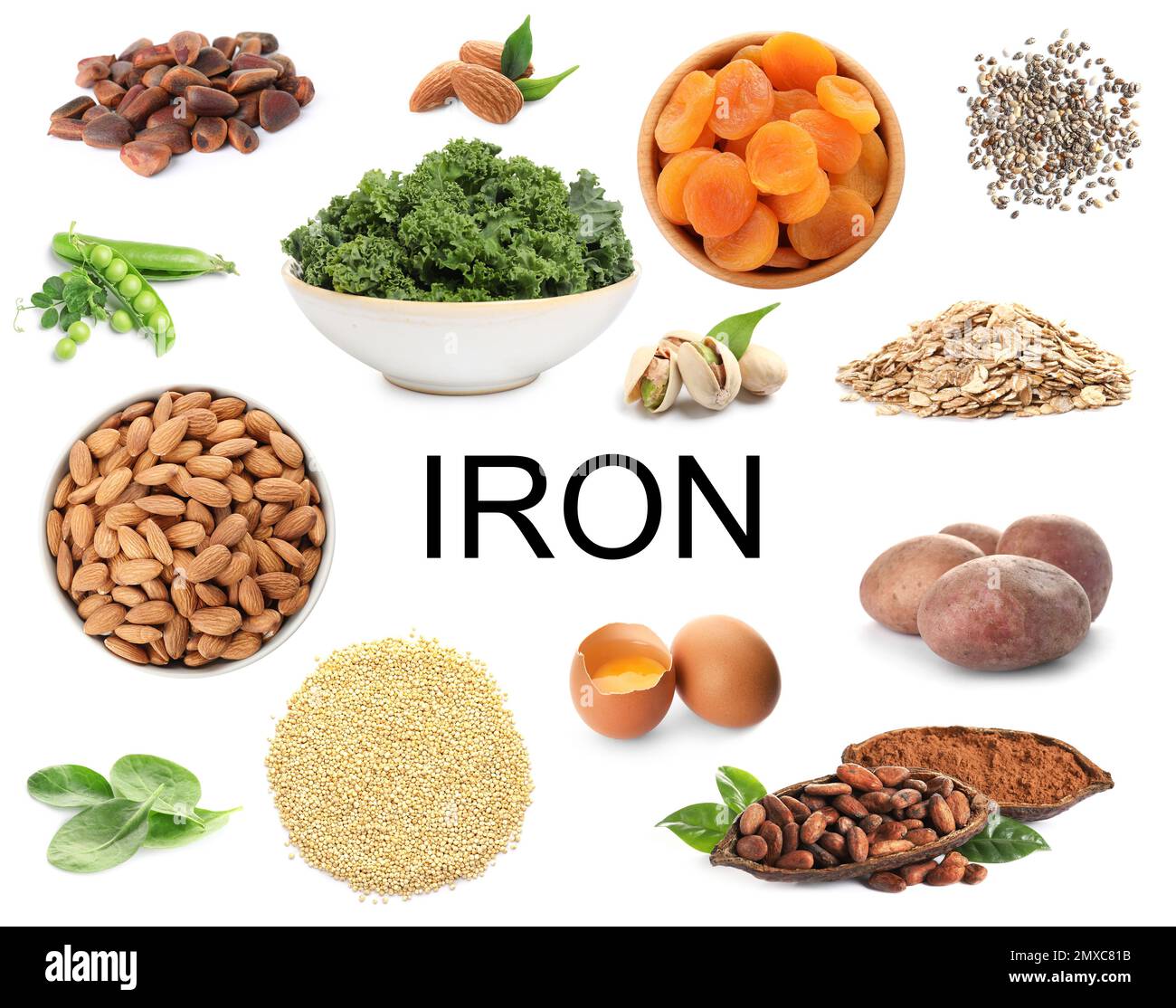 Set with fresh products rich in iron on white background Stock Photo ...