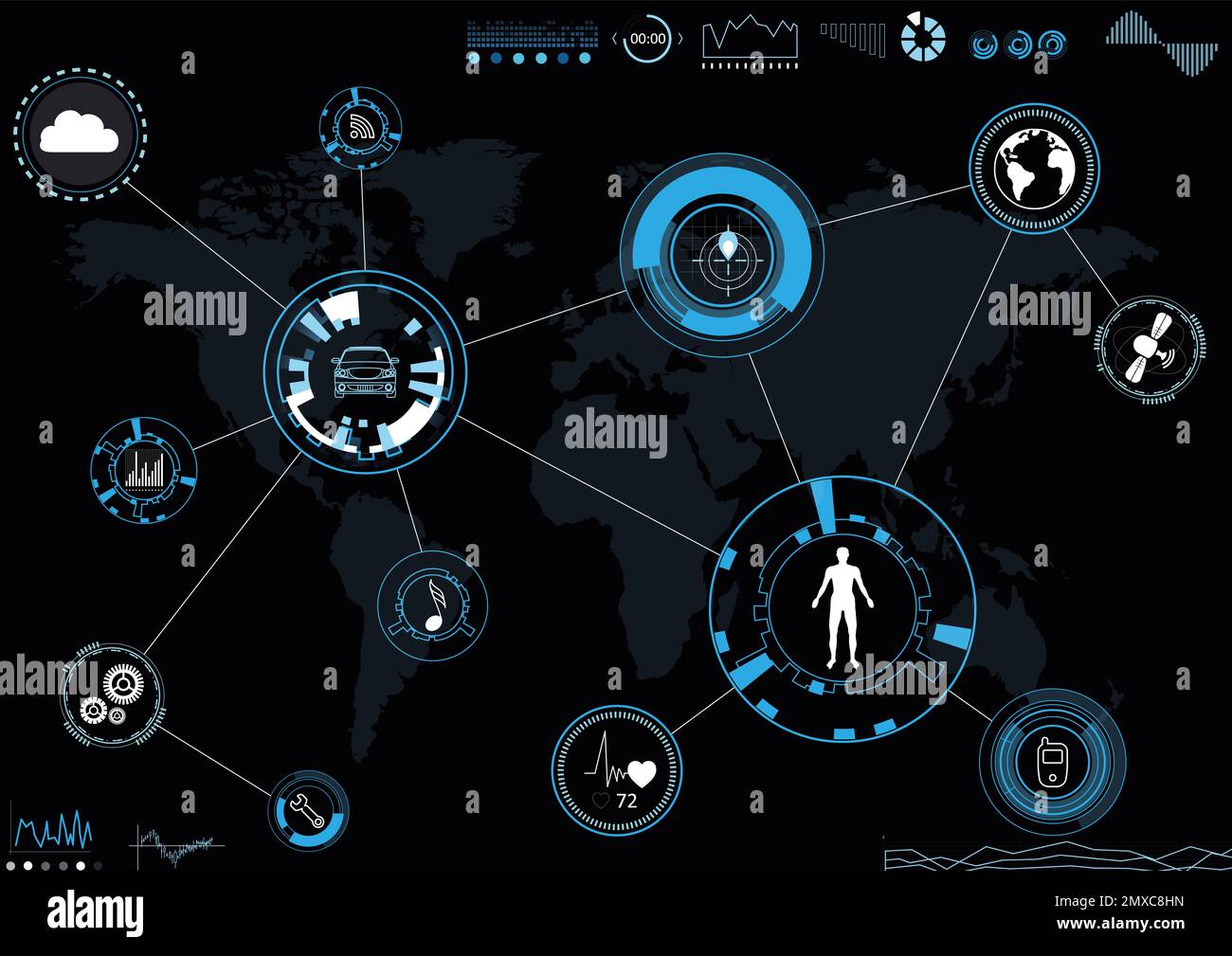 Futuristic technology - car driving control. Scheme with icons and ...