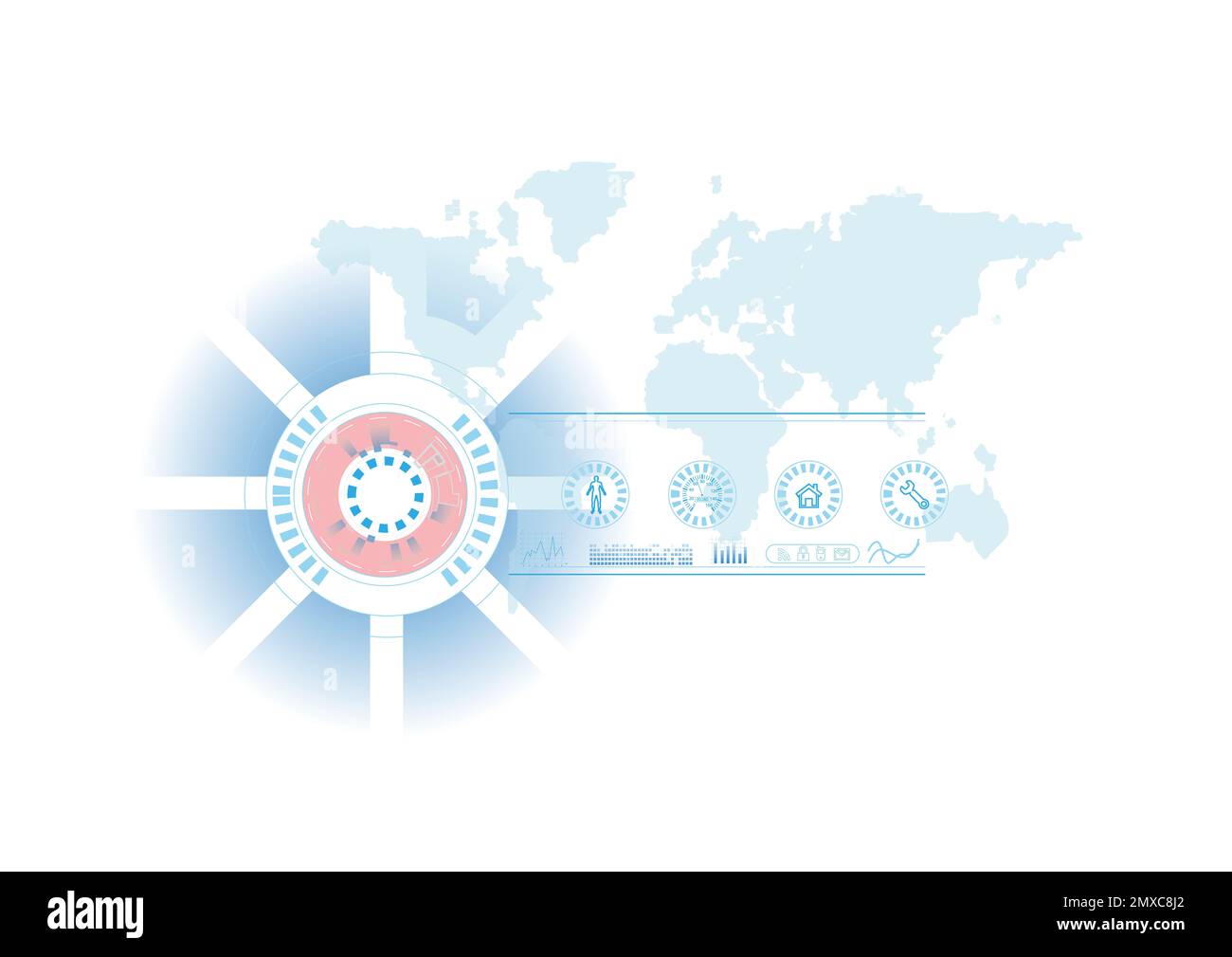 Circle scheme or diagram, world map and icons, futuristic technology ...