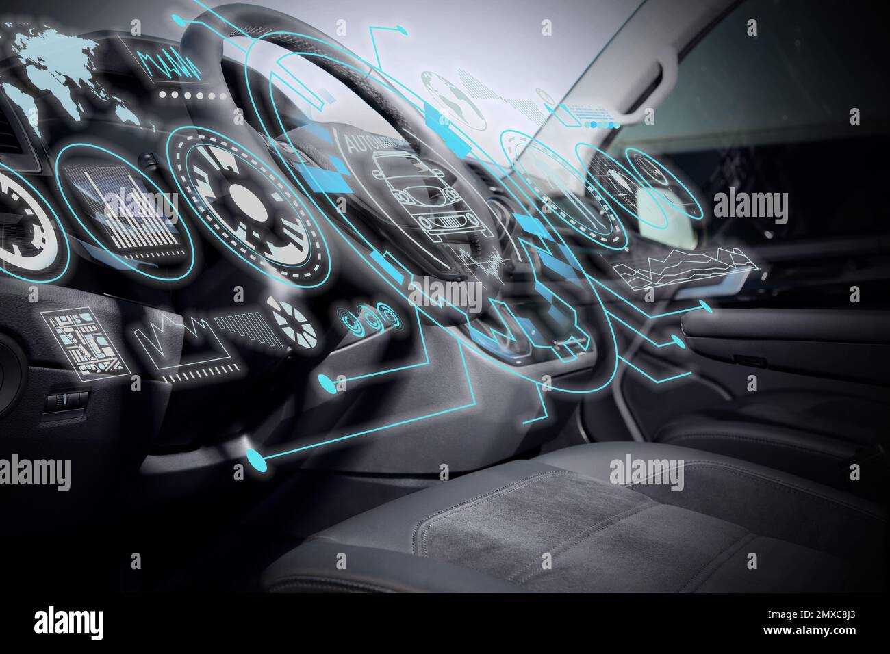 Futuristic technology. Car interior with graphical user interface Stock ...