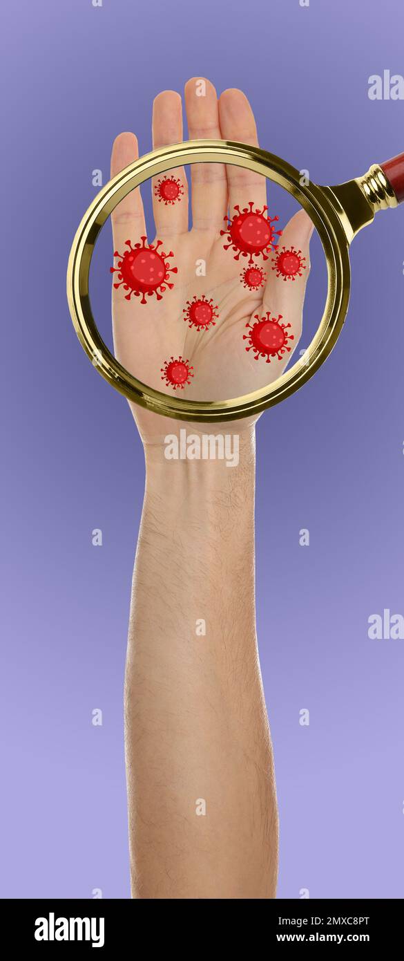 Detecting bacteria with magnifying glass on lilac background, closeup ...