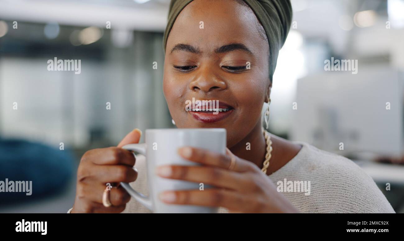 Office, tea and woman smell coffee to relax, calm down or drink while ...