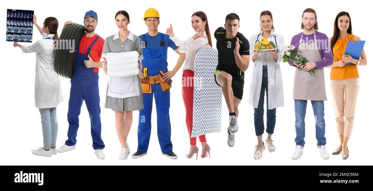 Collage with people of different professions on white background ...