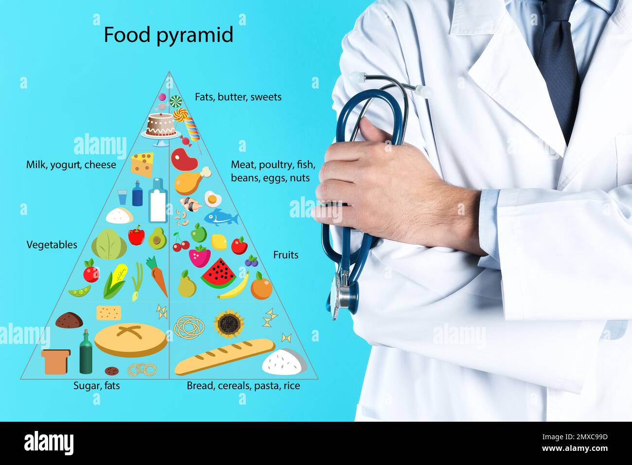 Nutritionist and food pyramid on light blue background, closeup Stock ...