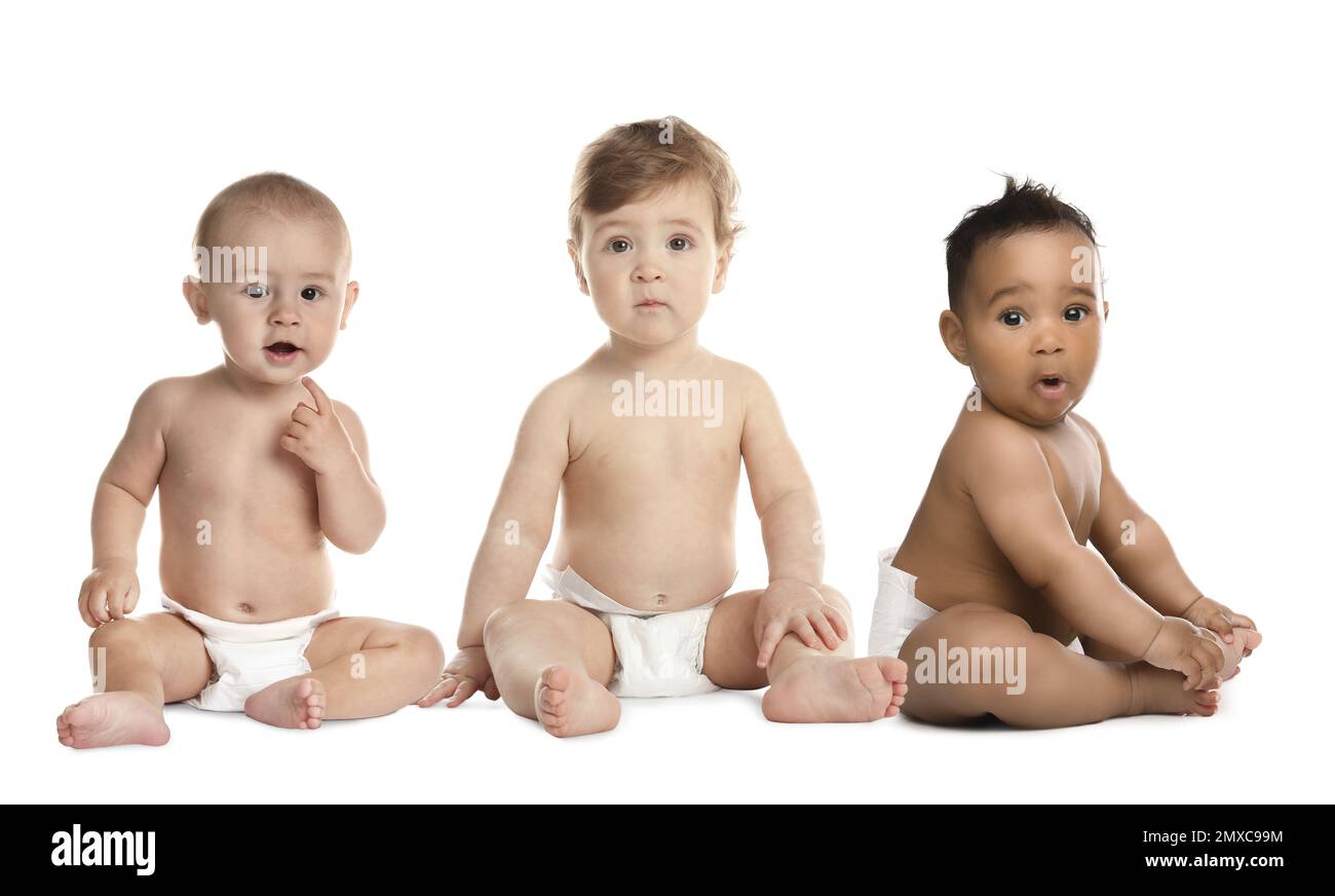 Collage with photos of cute babies in diapers on white background Stock ...