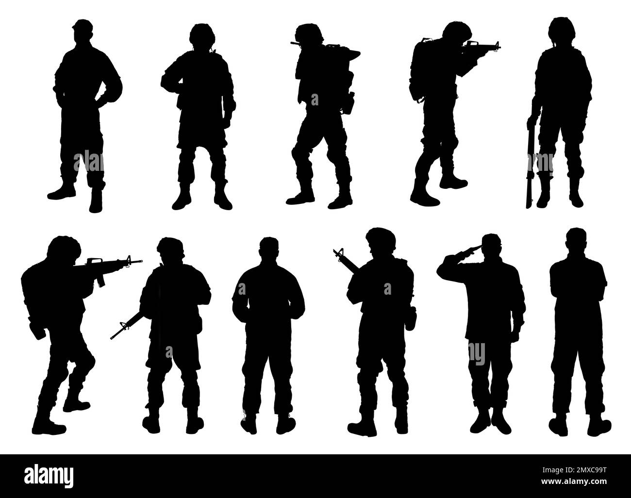 Collage with silhouettes of soldiers on white background. Military ...