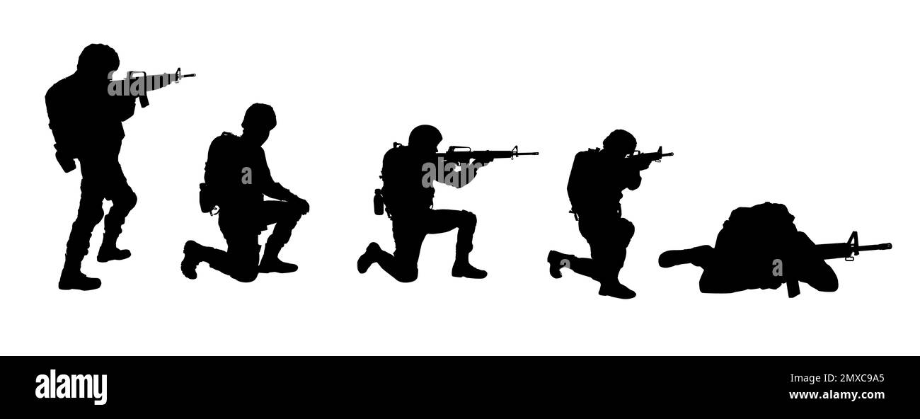 Collage with silhouettes of military soldiers on white background ...