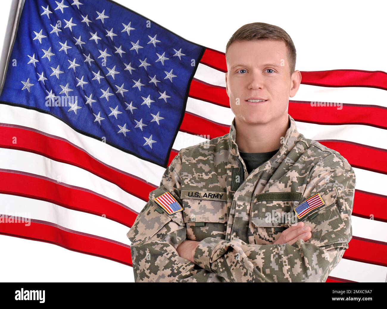 Male soldier and American flag on white background. Military service ...