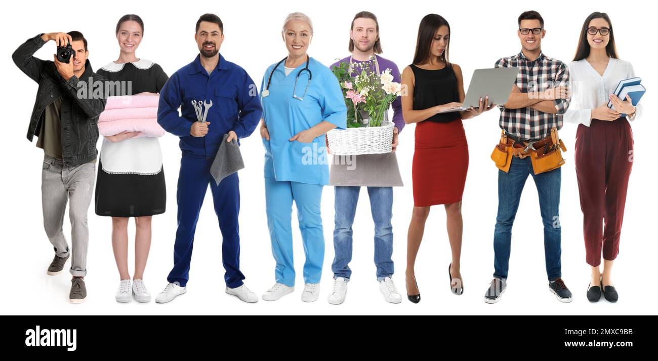 Collage with people of different professions on white background ...