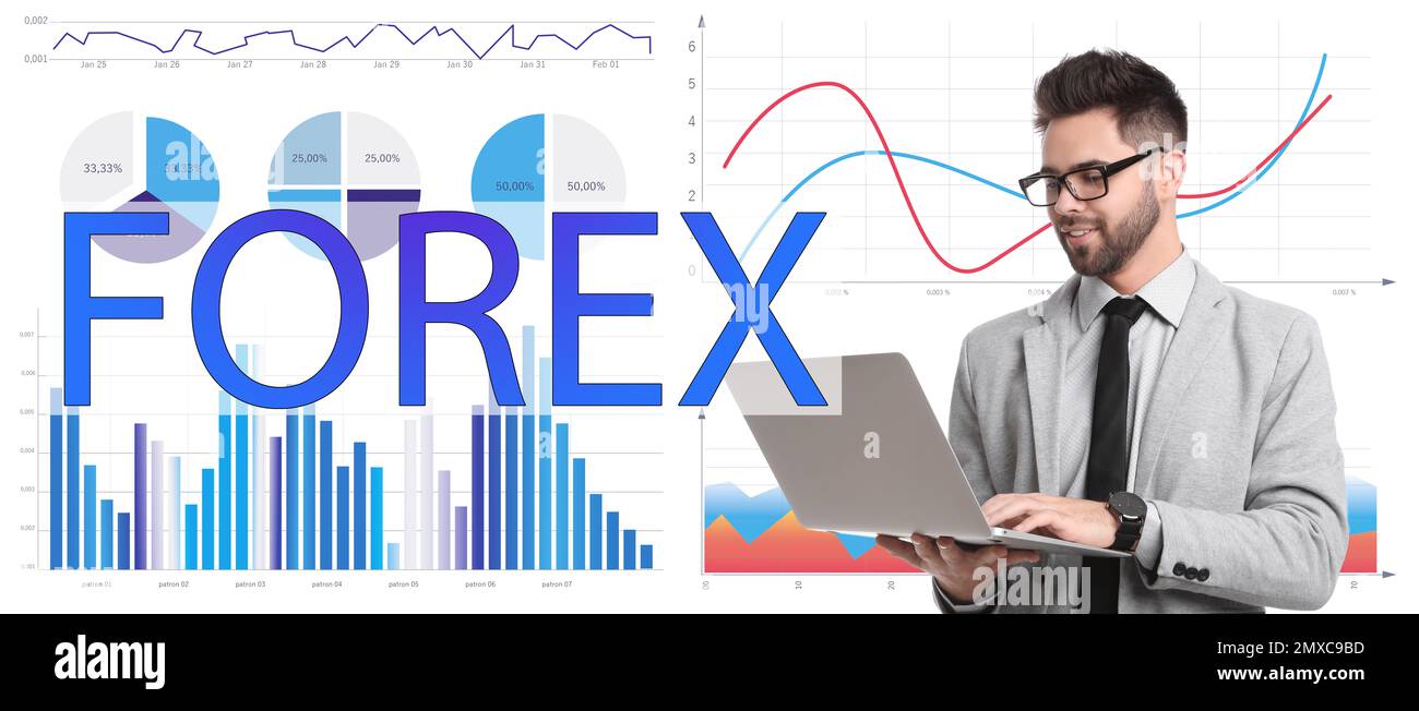 Businessman with laptop and charts on background, banner design. Forex ...