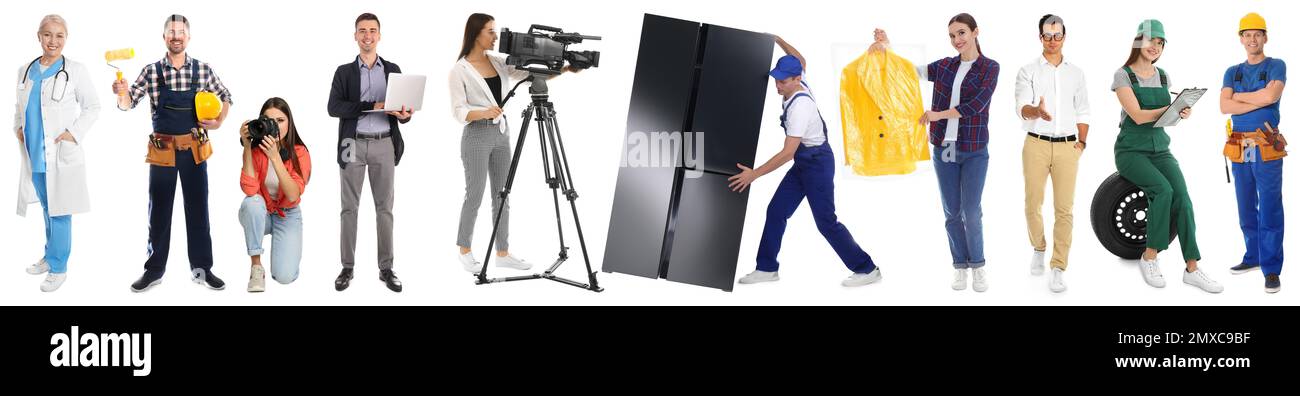 Collage with people of different professions on white background ...