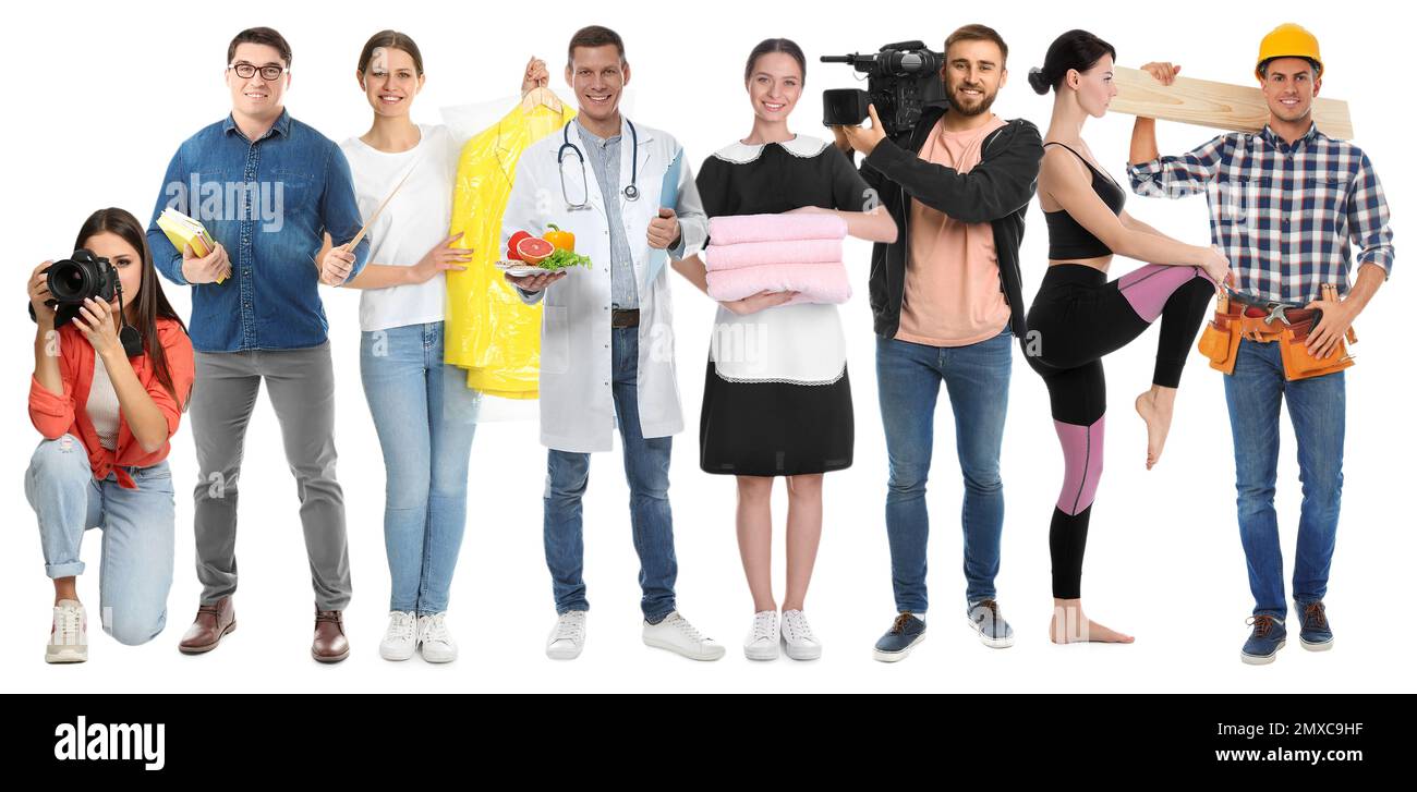 Collage with people of different professions on white background Stock ...