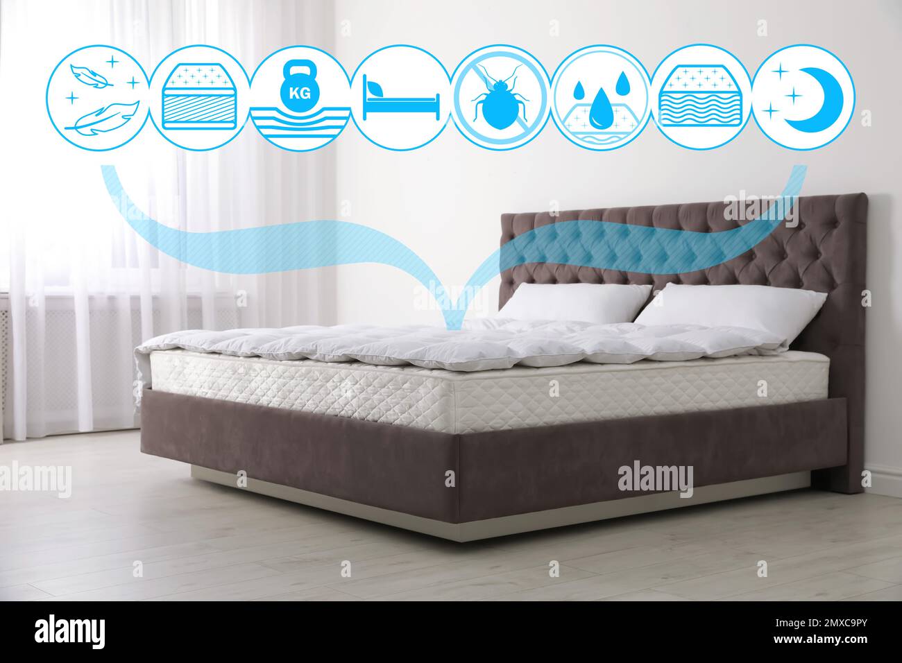 Comfortable bed with modern mattress in room Stock Photo - Alamy