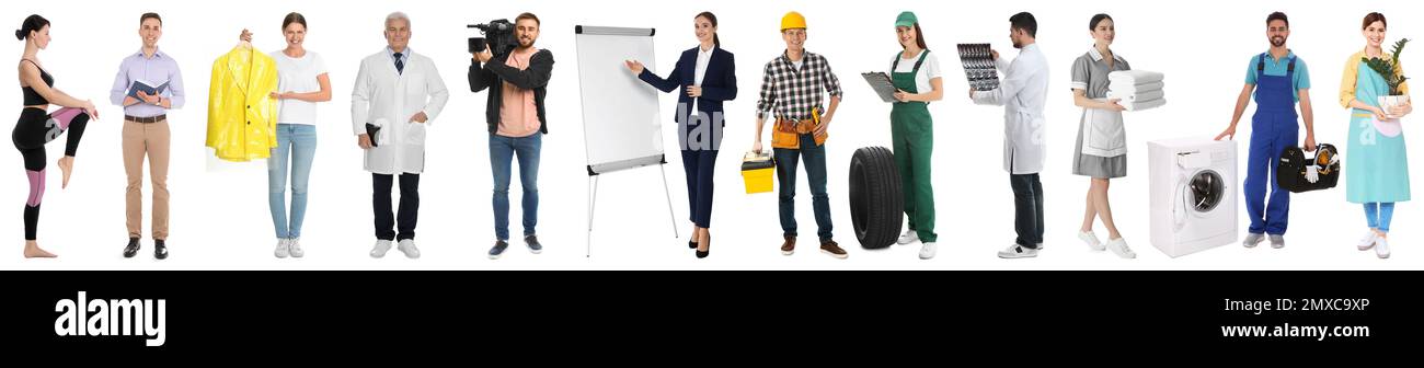 Collage with people of different professions on white background ...