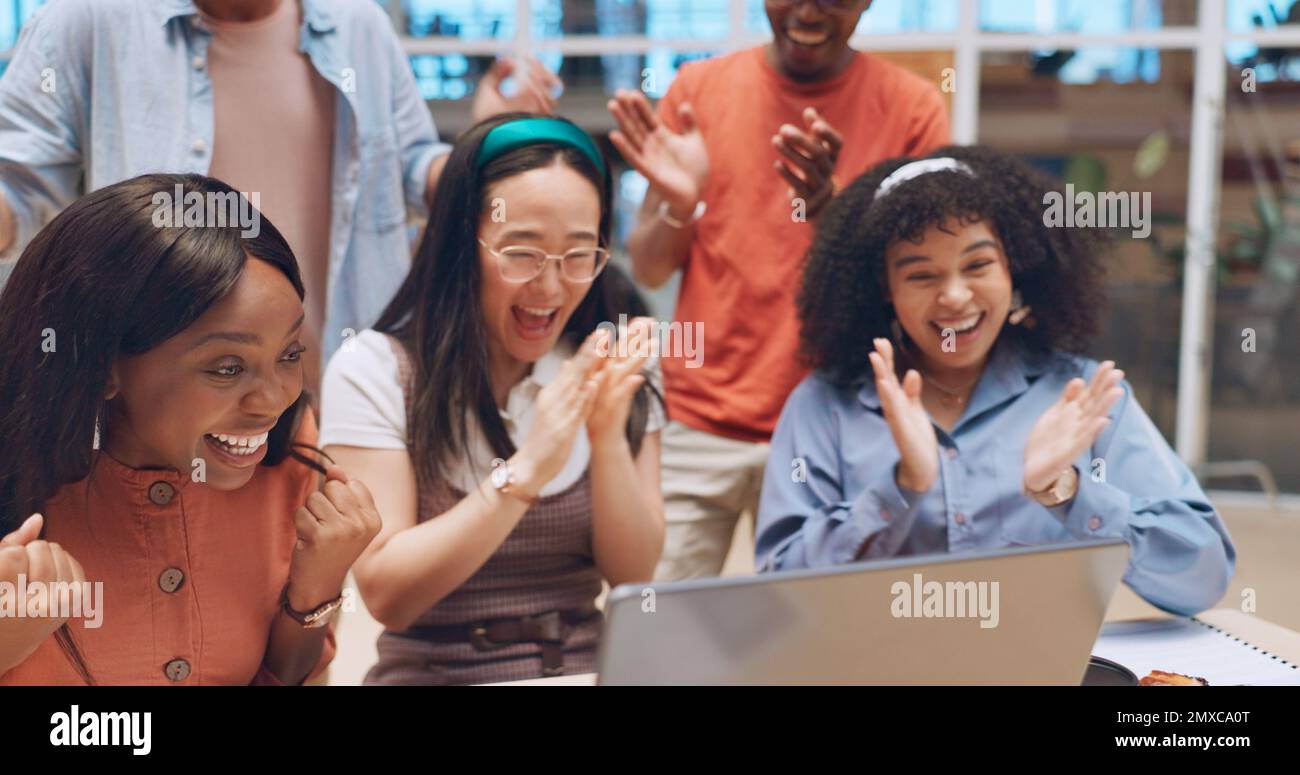 Business, team and applause for celebration, corporate deal and ...