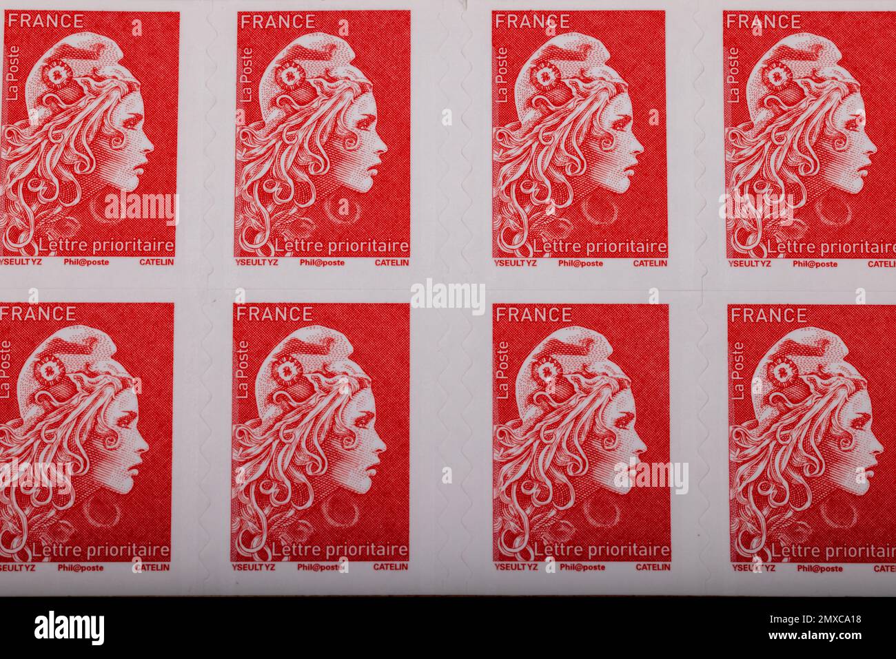 Paris, France - January 01, 2023 :The red stamp of the Post Office, to ...