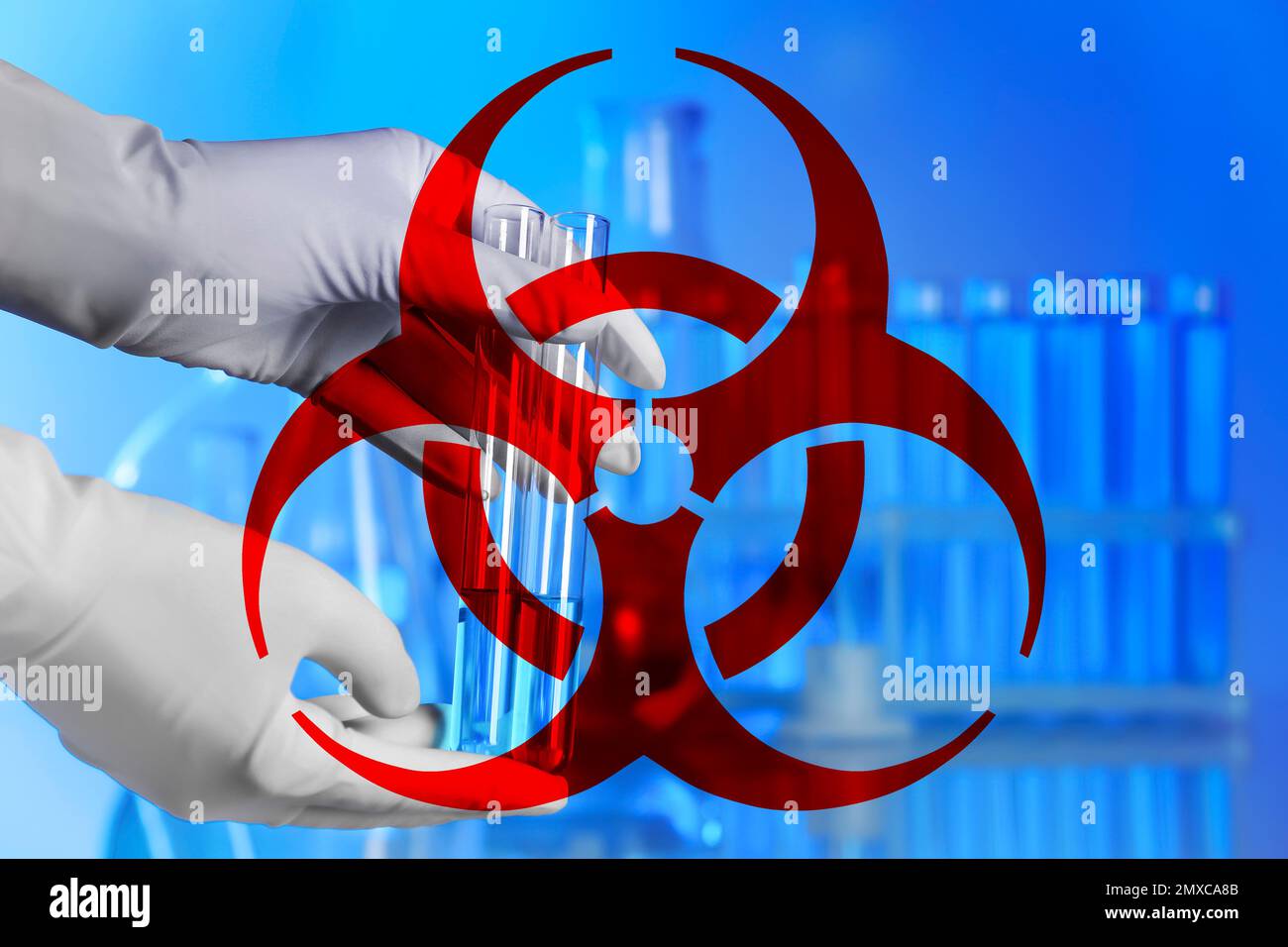 Poison sign and scientist holding test tubes in laboratory, closeup ...