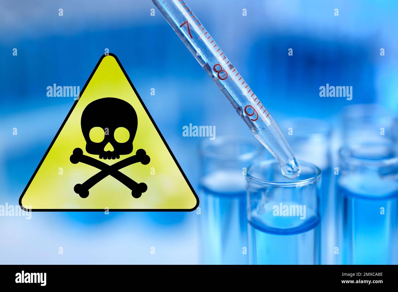 Poison sign and Dripping reagent into test tube in laboratory, closeup ...