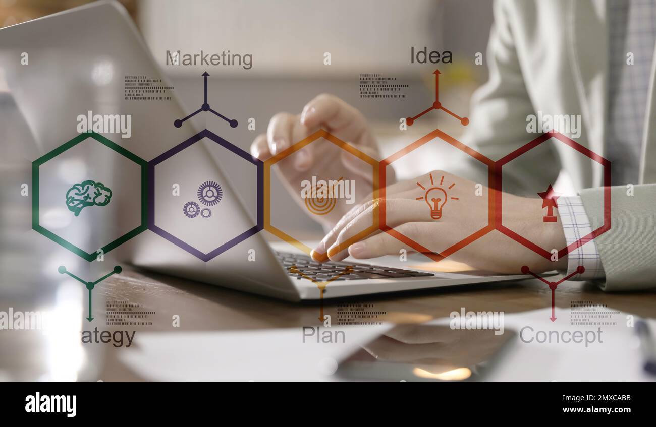 Double exposure of man working on laptop in office and scheme, closeup ...