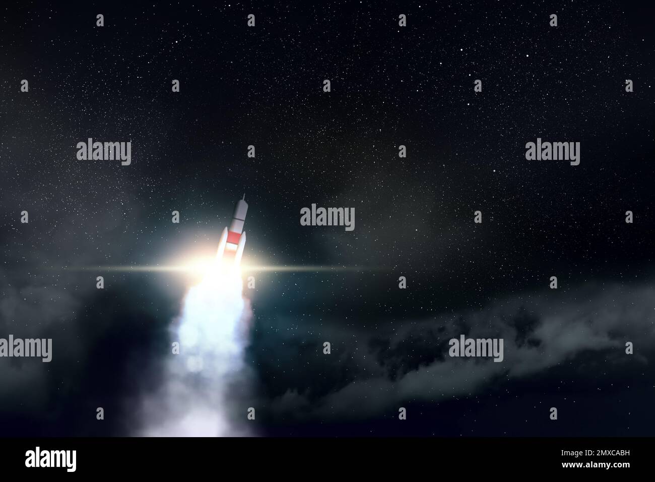 Launched rocket in flight, night starry sky background. Space mission ...