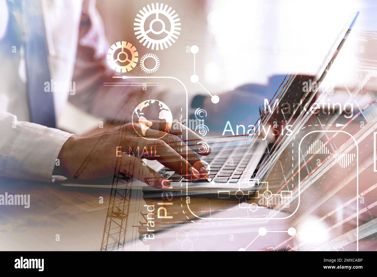 Multiple exposure of man working on laptop in office, building and ...