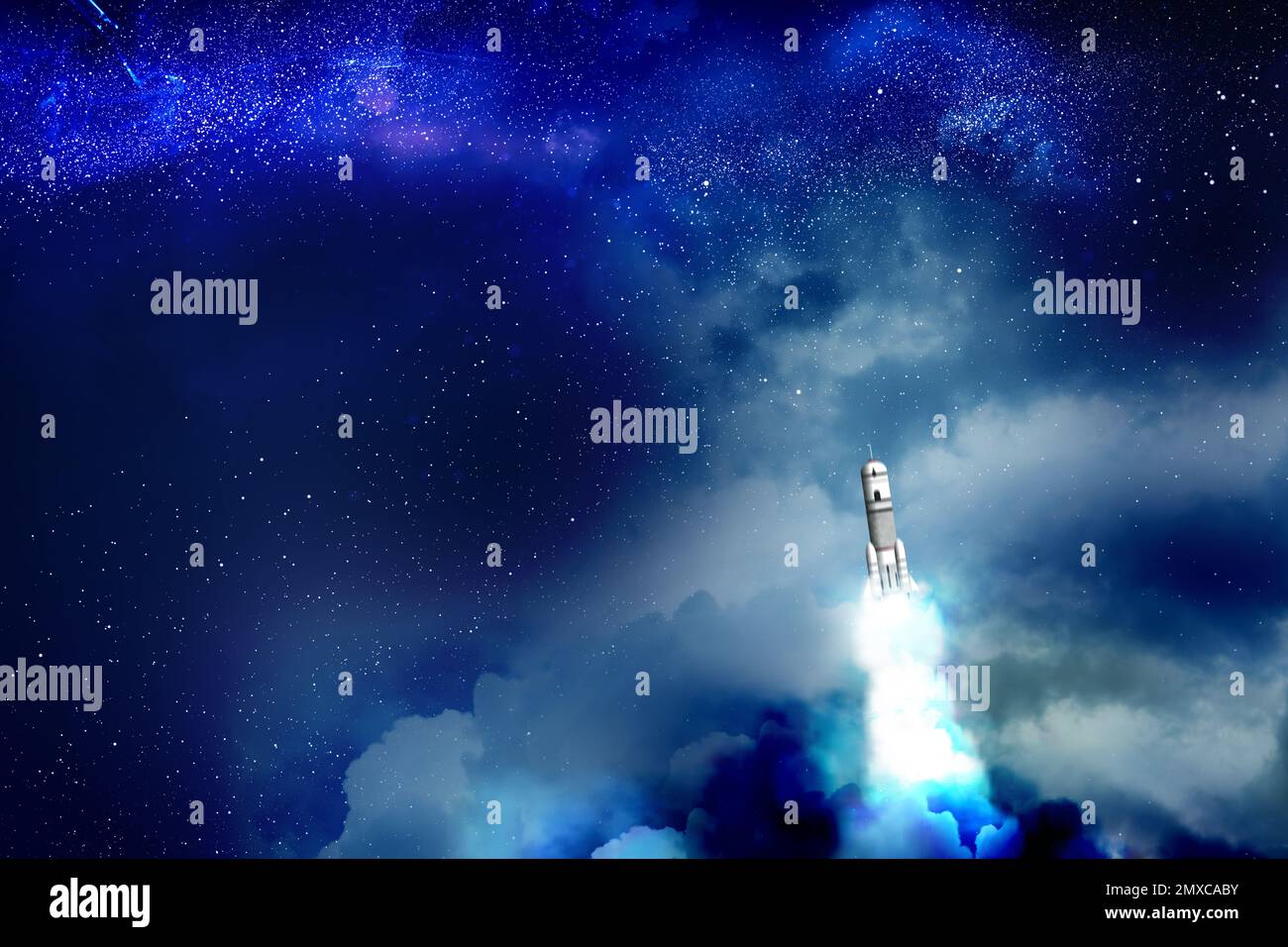 Launched rocket in flight, night starry sky background. Space mission ...