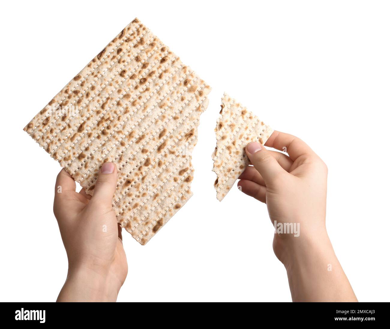 Man with Matzo on white background, closeup. Pesach (Passover ...