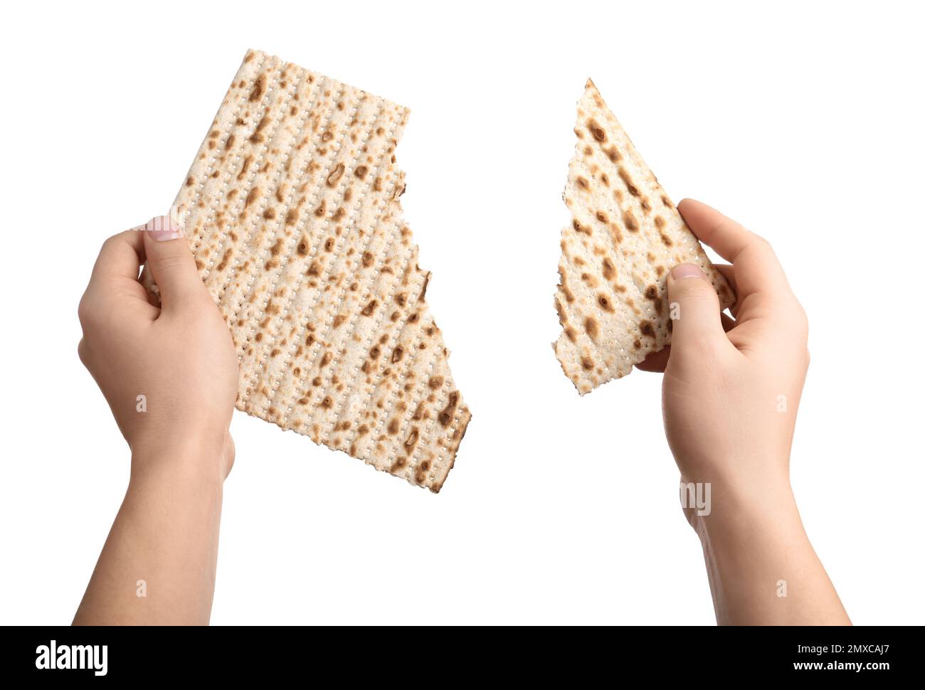 Man with Matzo on white background, closeup. Pesach (Passover ...
