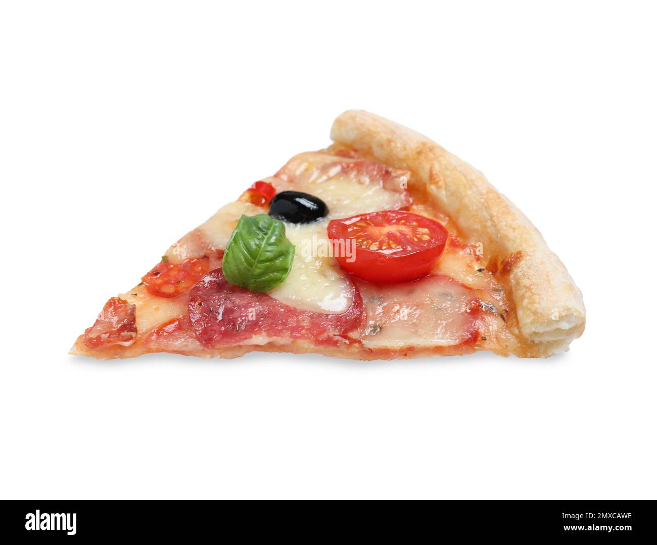 Slice of delicious pizza Diablo isolated on white Stock Photo - Alamy
