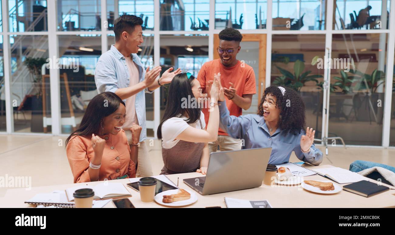 Business, team and applause for celebration, corporate deal and ...