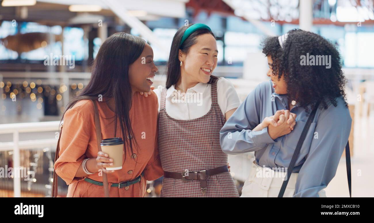 Creative business woman, friends and laughing with smile for friendship ...