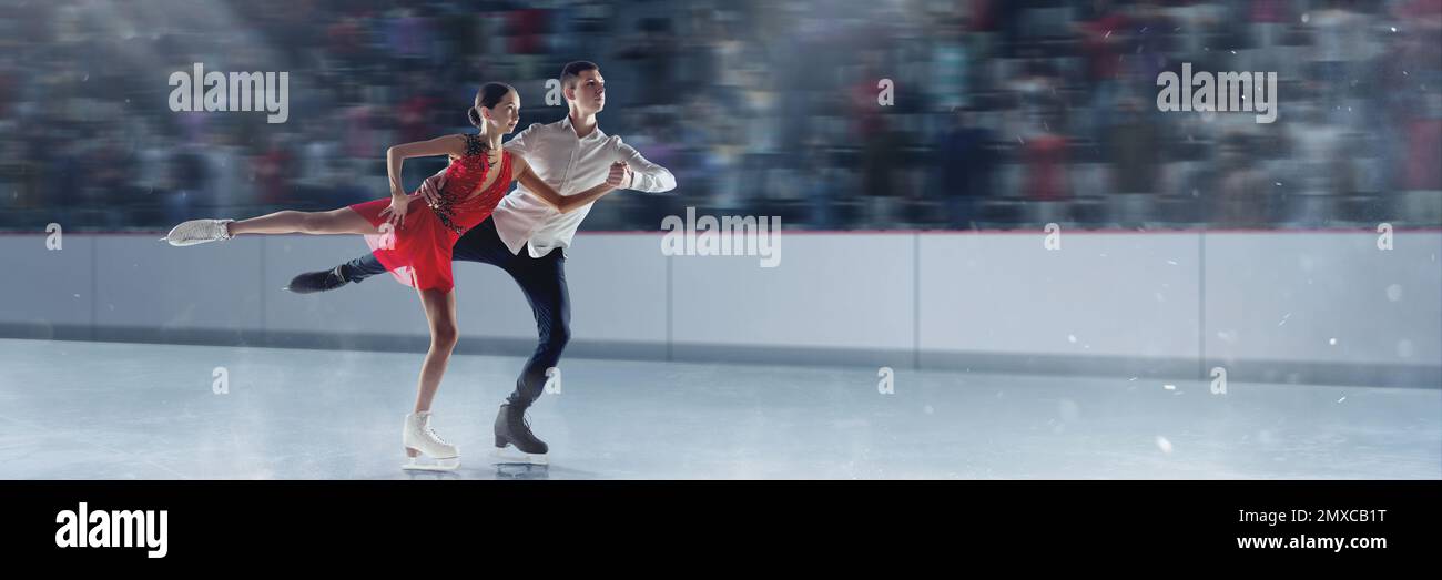 Young girl and boy performing on championship, professional figure ...