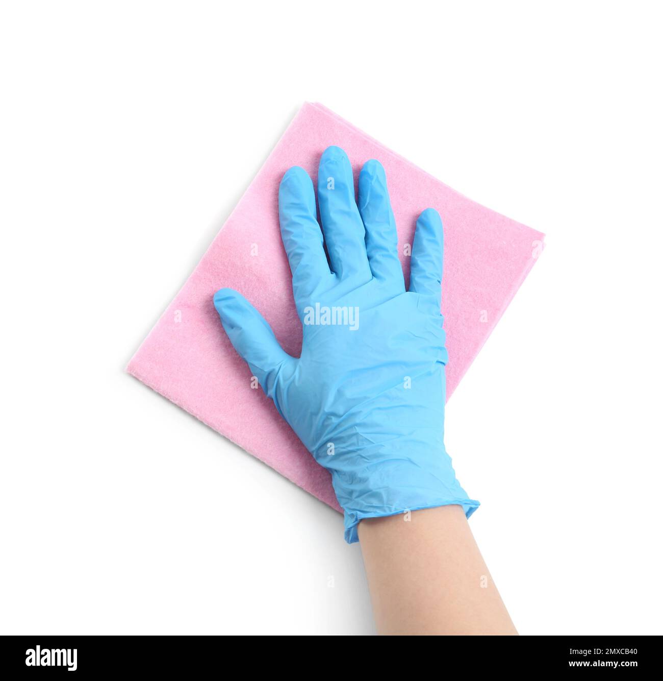 Woman in blue rubber gloves with rag on white background, top view ...