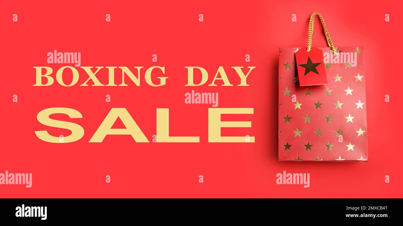 Boxing day sale. Shopping bag on red background, banner design Stock ...