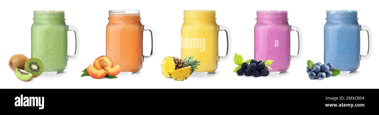 Set of different fresh tasty smoothies on white background. Banner ...