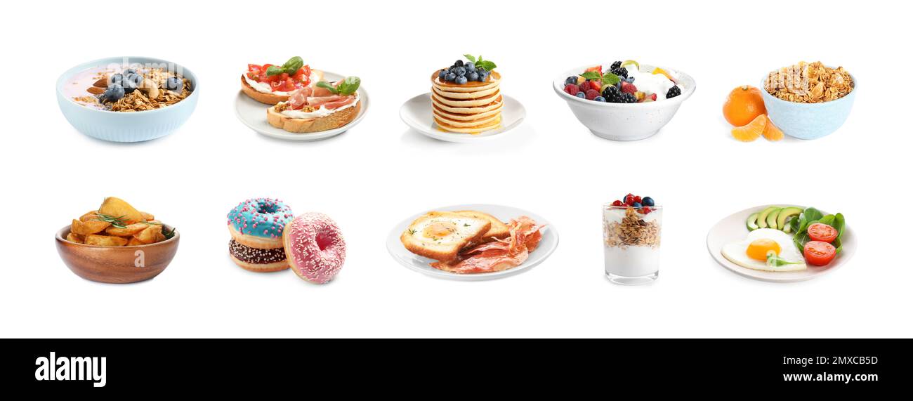 Set of different delicious dishes for breakfast on white background ...