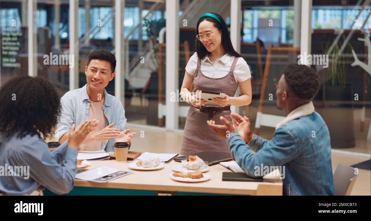 Diversity students, restaurant and team with tablet working on ...