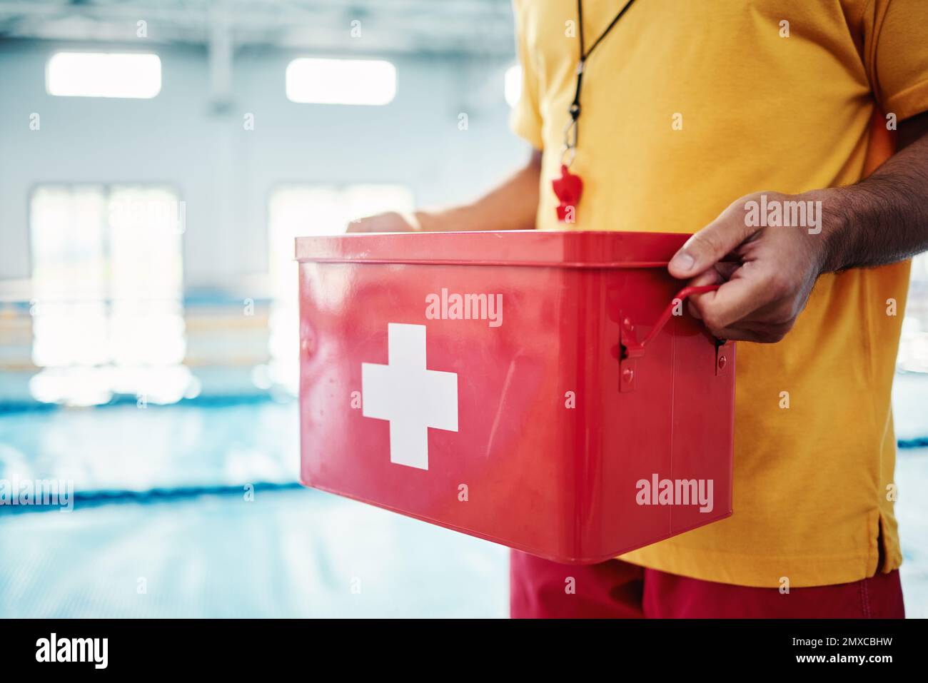 Box, safety or hands of a lifeguard by a swimming pool helping rescue ...