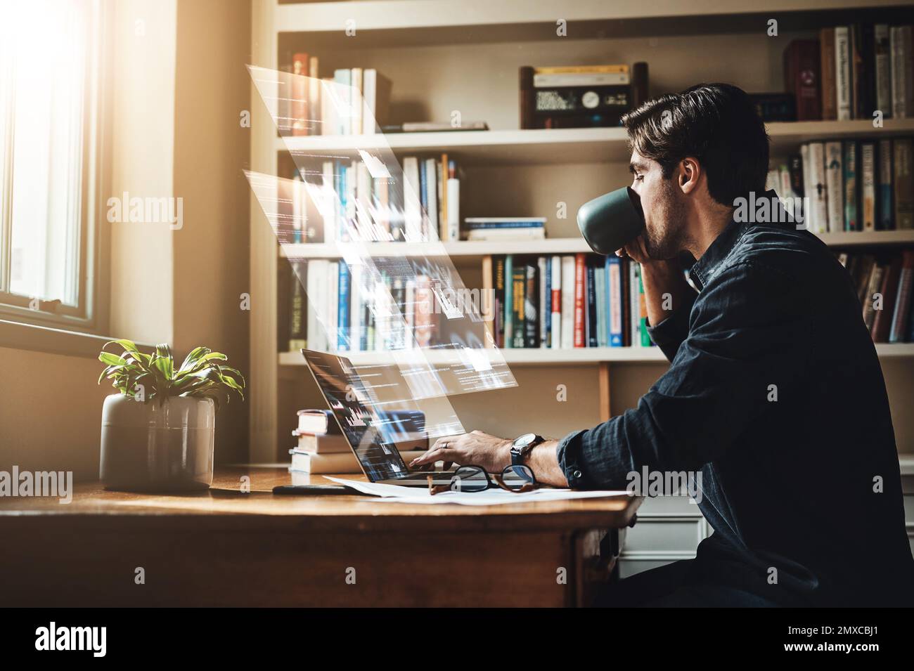 Business man with laptop, forex and futuristic digital transformation ...