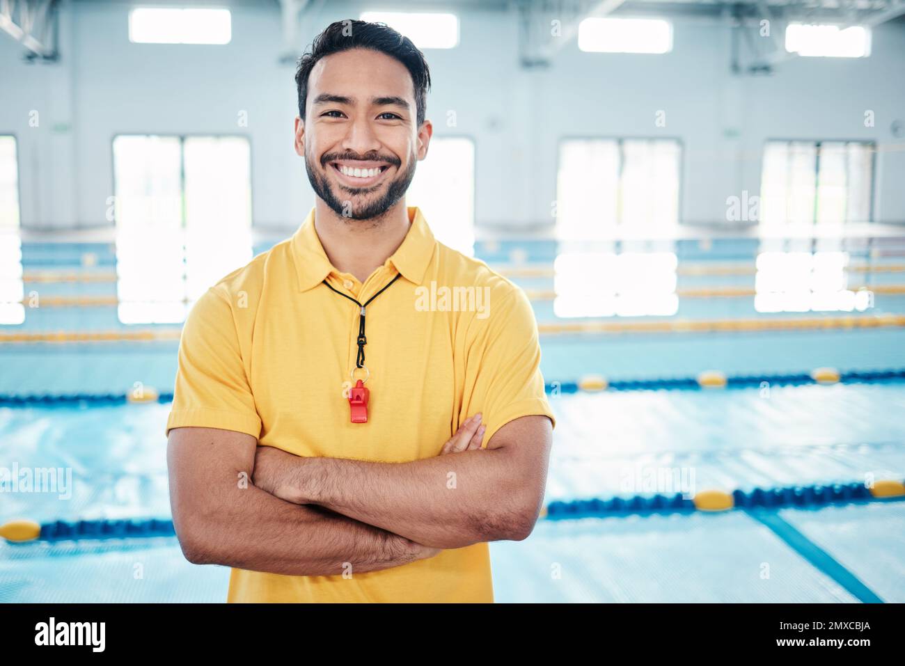 Portrait, proud and coach at a swimming pool for training, exercise and ...