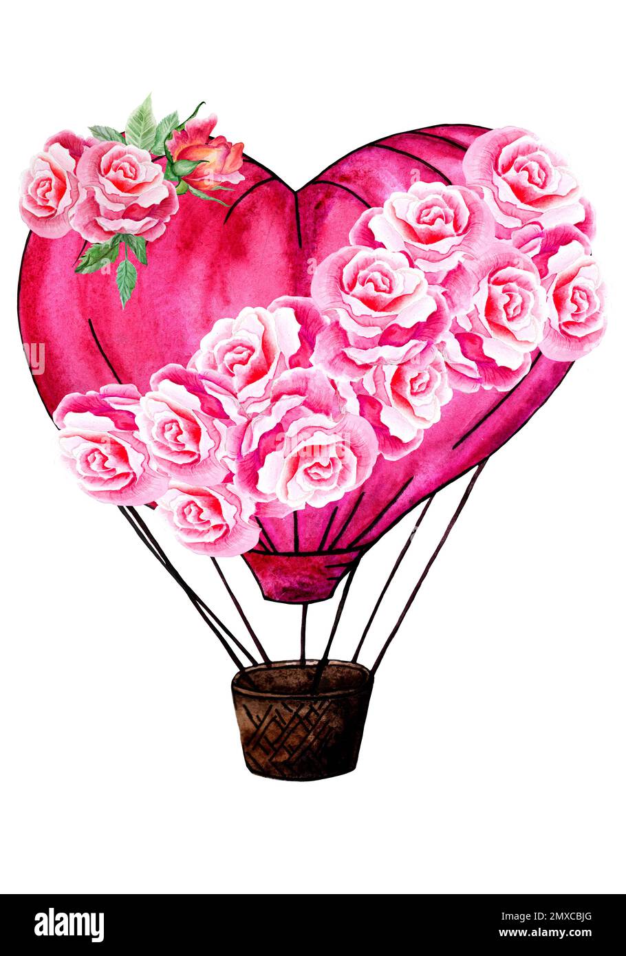 Heart Hot Air Balloon With Roses. Hand Drawn Illustration. Wedding ...