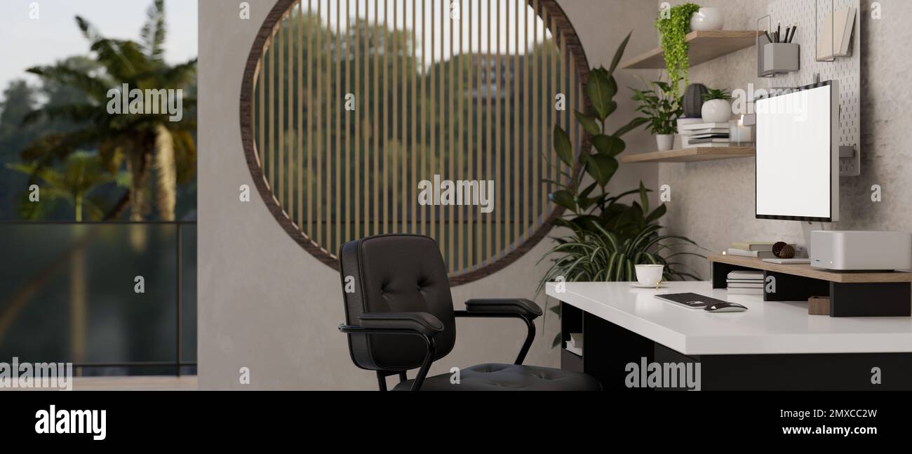 Side view of modern contemporary home working room interior design with ...