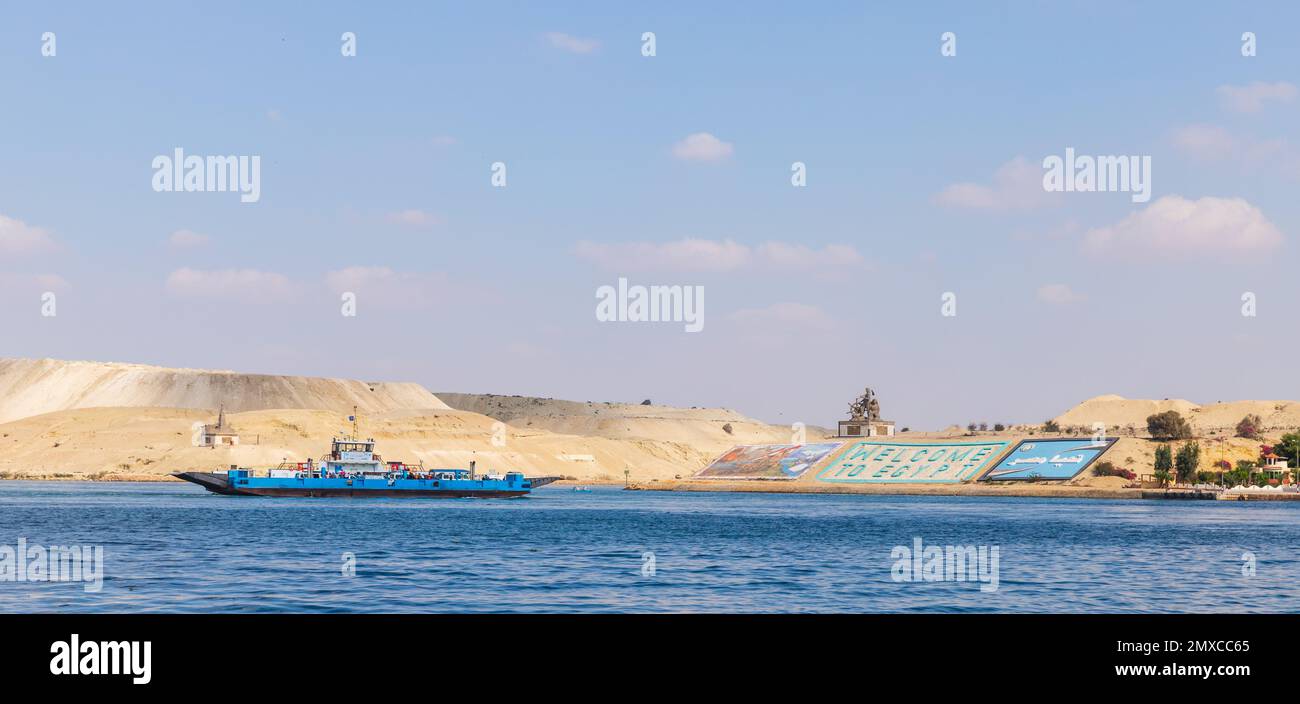 Ismailia, Egypt - November 1, 2021: Blue ferry crosses the Suez Canal ...