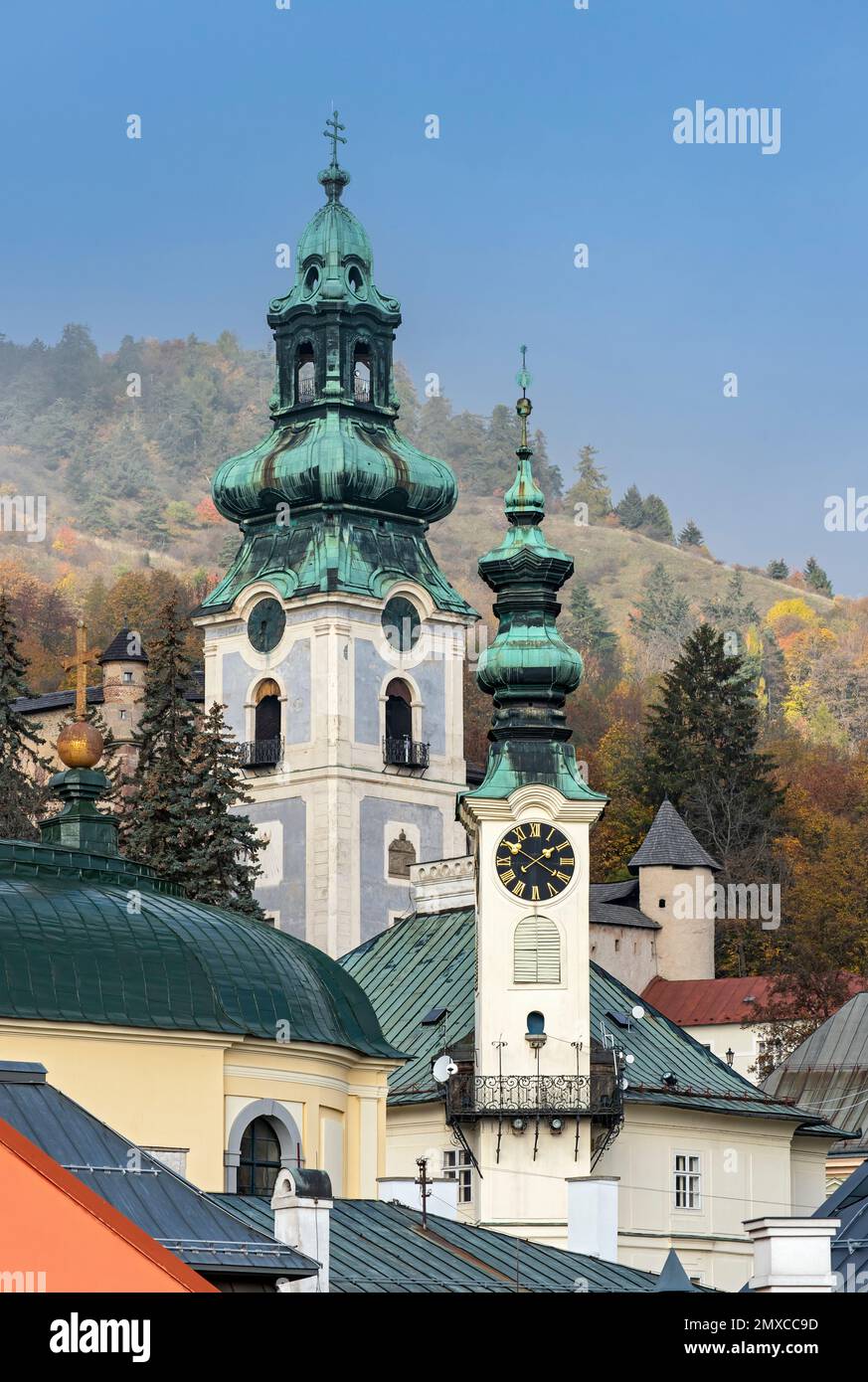 Old Castle and Town hall towers, Banska Stiavnica, Slovakia Stock Photo ...