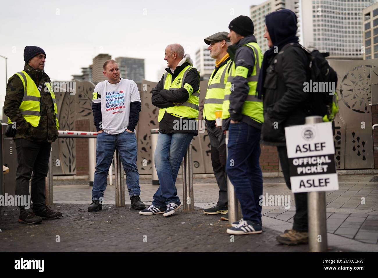 Members of the Aslef union on the picket line at New Street Station in ...