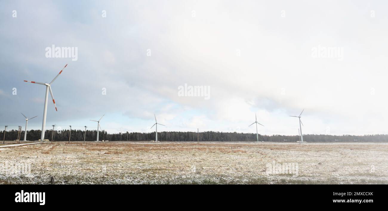 windmill farm or wind park, with high wind turbines for generation ...