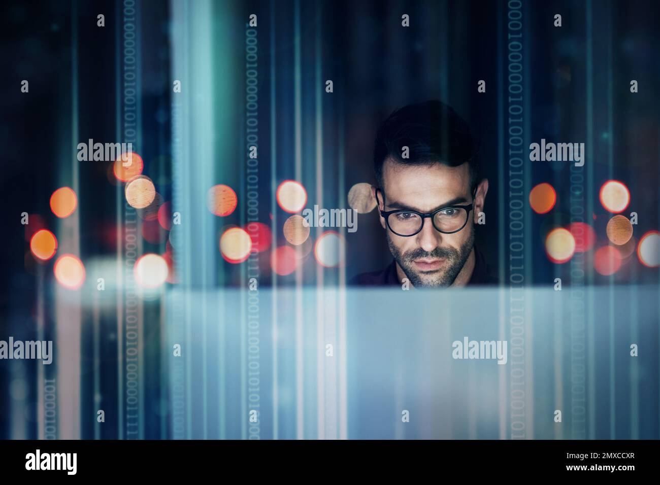 Businessman, computer and night with overlay, futuristic hologram or ...