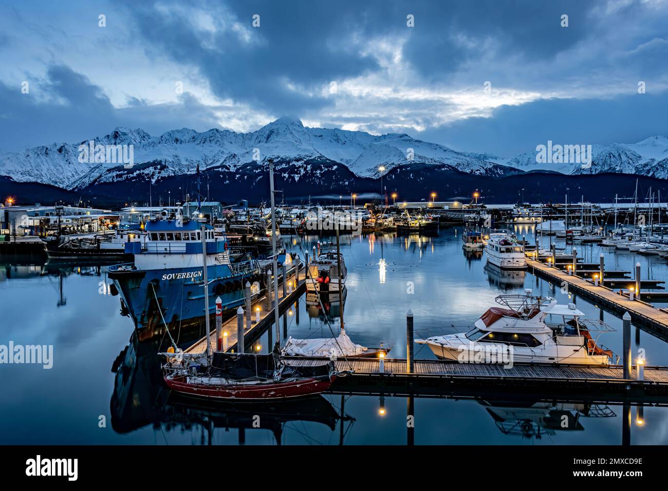The illuminated Seward Harbor in Resurrection Bay Alaska at the ...