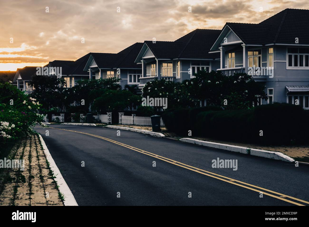 Modern cottages row road sidewalk two story buildings residential ...